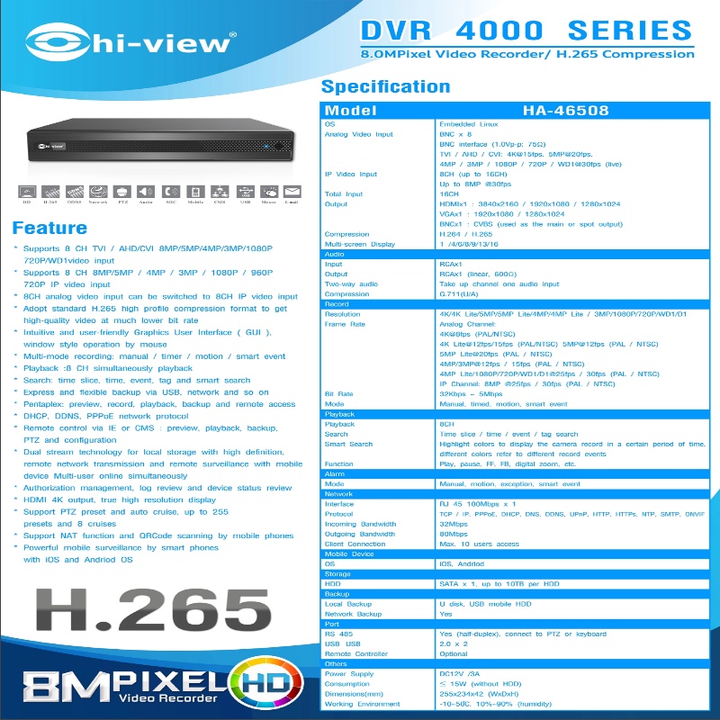 Hi-view รุ่น HA-46508 เครื่องบันทึก 5 ระบบ 8 ช่อง รองรับสูงสุด 8MP รองรับ HDD 1 ลูก 10TB ...